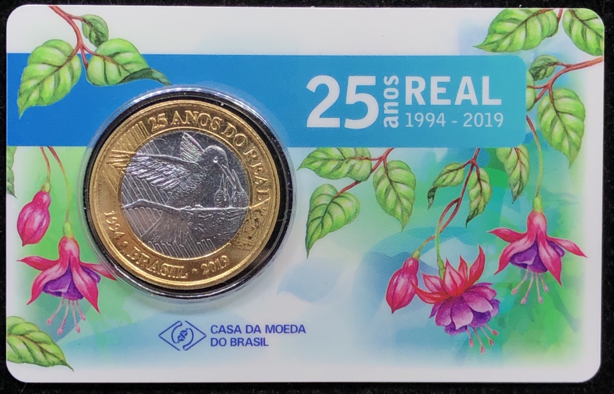 Cartela com moeda do Brasil - 1 real - 2019 - BEIJA FLO