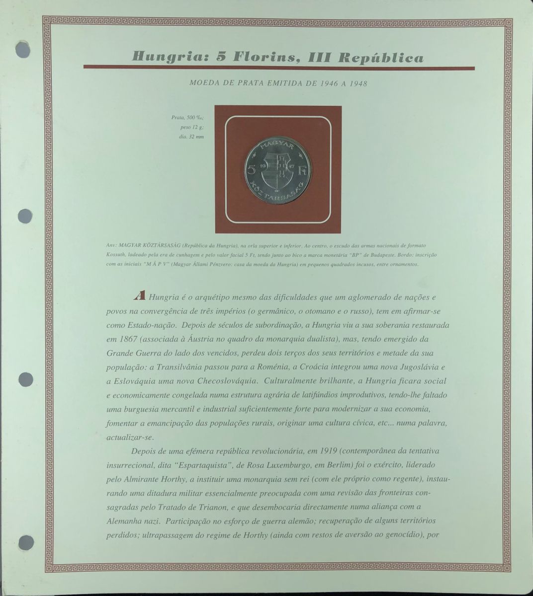 Moeda da Hungria - 5 forint - 1947 - Prata (.500) - 12