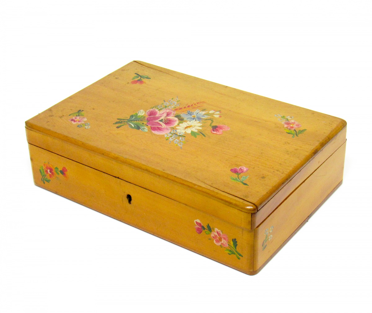 Caixa antiga em madeira com detalhes de flores. medida