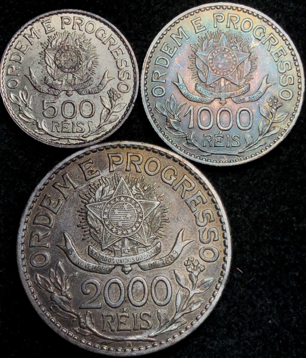 3 moedas do Brasil - 500, 1000 e 2000 réis - 1913A - P7
