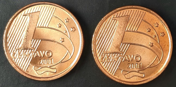 2 moedas de 1 Centavo 2001 - FLOR DE CUNHO - Retiradas