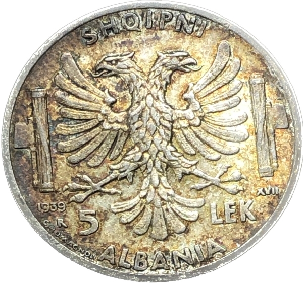 Moeda da Albânia - 5 lek - 1939 - Prata (.835) - 5 g