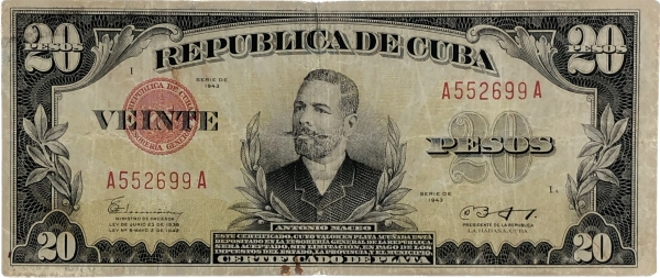 Cédula de Cuba - 20 Pesos - 1943 - P72e - MBC - Certifi
