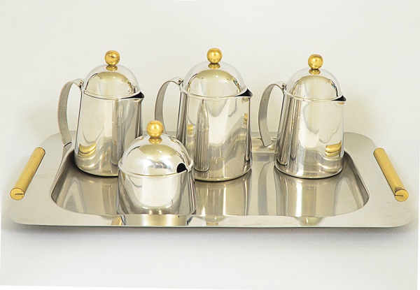 Baixela para chá e café em inox, composta 3 bules, 1 aç