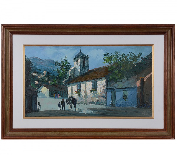 PABLO MATANIA (Argentina 1936) Paisagem Igreja e figuras - Óleo s/ tela ...