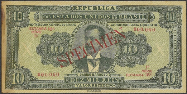 Cédula do Brasil - 10 Mil Réis - 1924 - SPECIMEN Nº 000