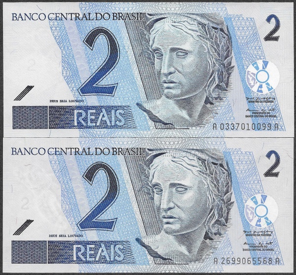 Cédula do Brasil - 1 Real - 1997 - Lote com 2 cédulas