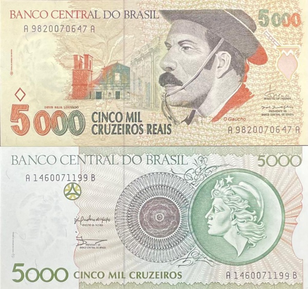 02 Cédulas de 5000 Cruzeiros 1990 e 5000 Cruzeiros Reai