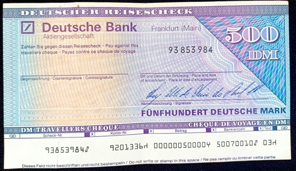 Cheque de viagem com valor de 500 Markos alemães, décad