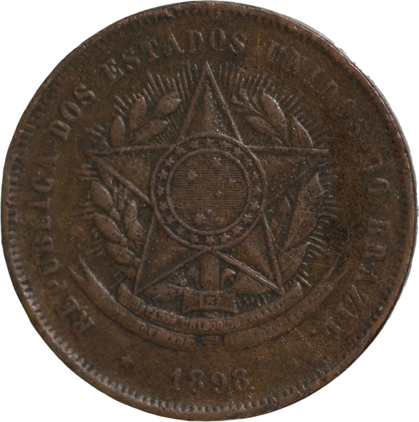 Moeda do Brasil - 20 réis - 1898 - B804 - Bronze - DATA