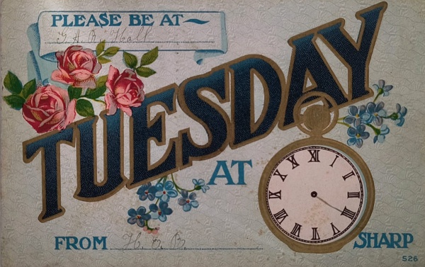 Colecionismo. Postal. Tuesday. Postado em 1909.