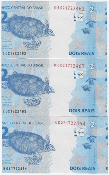 Cédula do Brasil - lote com 3 cédulas - 2 Reais - 2023/