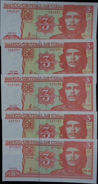 5 cédulas de Cuba - 3 pesos - 2004 a 2006 - Che Guevara